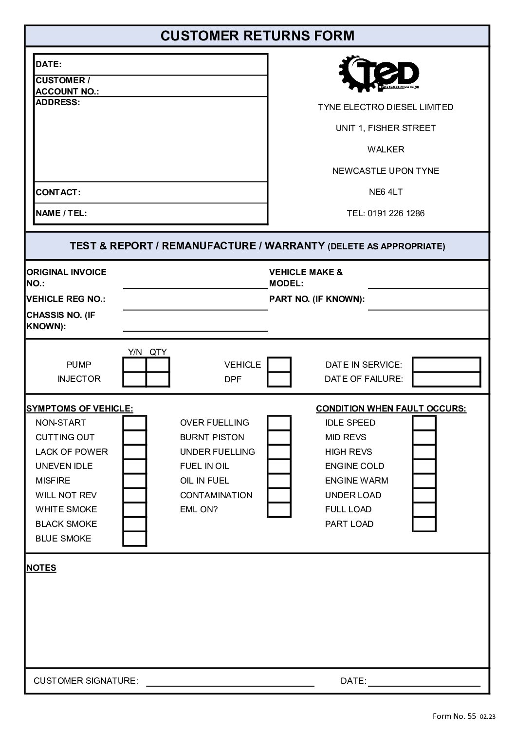 Customer Returns Form – TED